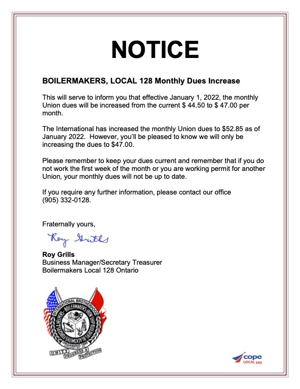 Notice Of Monthly Dues Increase Boilermakers Local 128 Notice Of Monthly Dues Increase Boilermakers Local 128